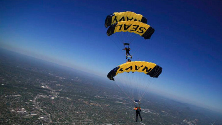 Navy Seals pulled of a spectacular parachute jumping on to a packed ...
